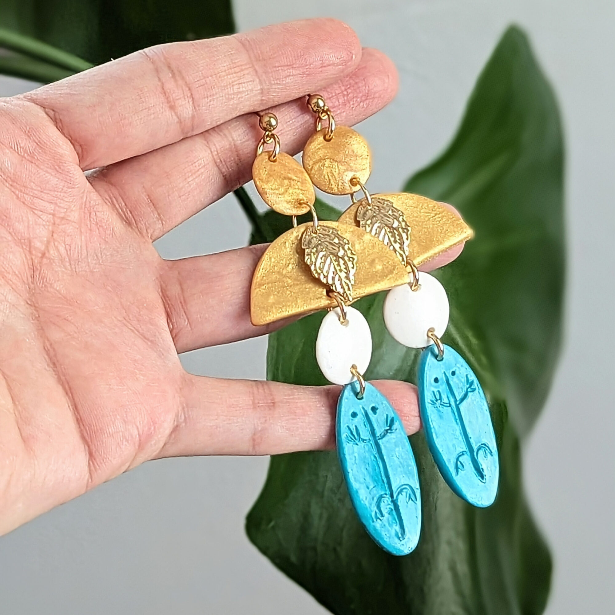 Indigenous Taino-Inspired Long Earrings with Golden Leaf Accent ...